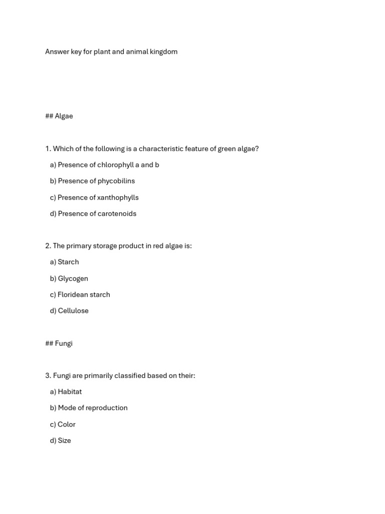 Plant Kingdom Answer Key for Class 6 | PDF | Skeleton | Sexual Reproduction