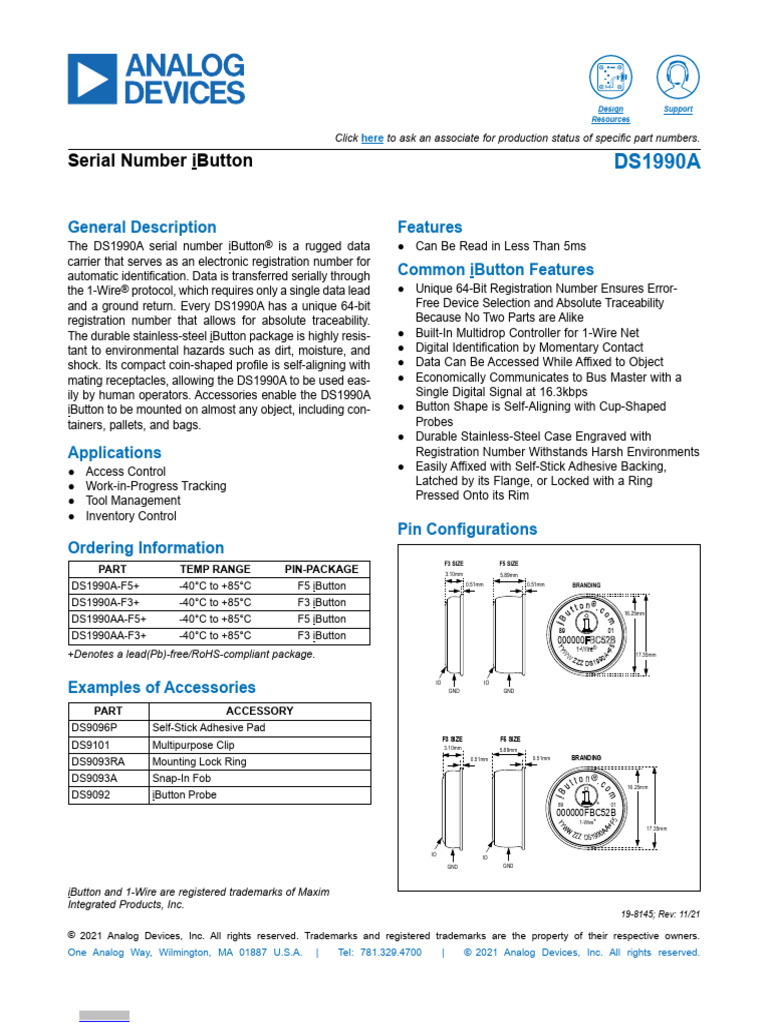 Serial Number Ibutton: General Description Features Common Ibutton ...