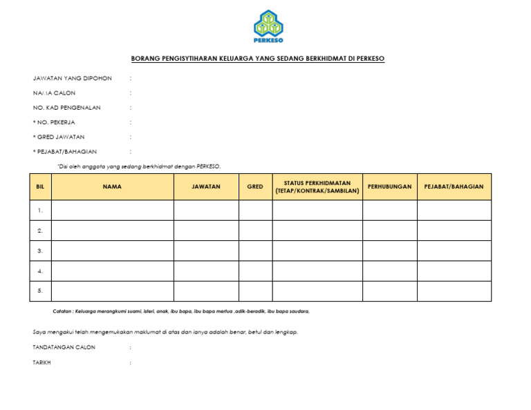 2 - Borang Pengisytiharaan Keluarga Yg Sedang Berkhidmat Di Perkeso | PDF
