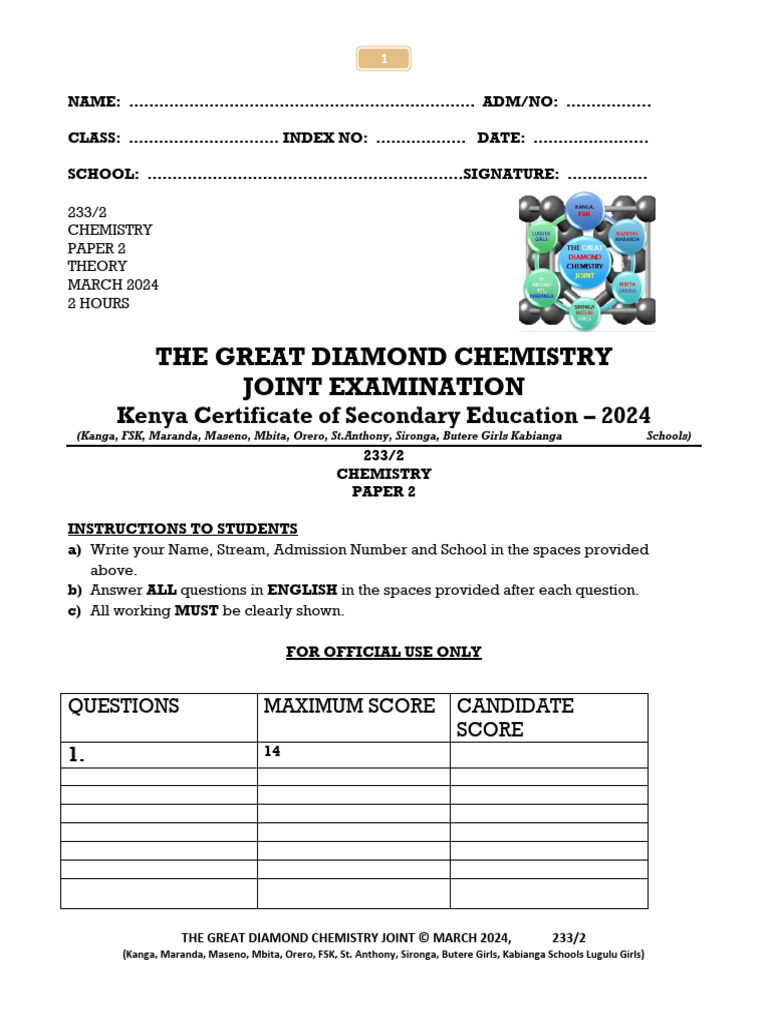Diamond Joint Exam - Chem PP2 | PDF | Chlorine | Aluminium