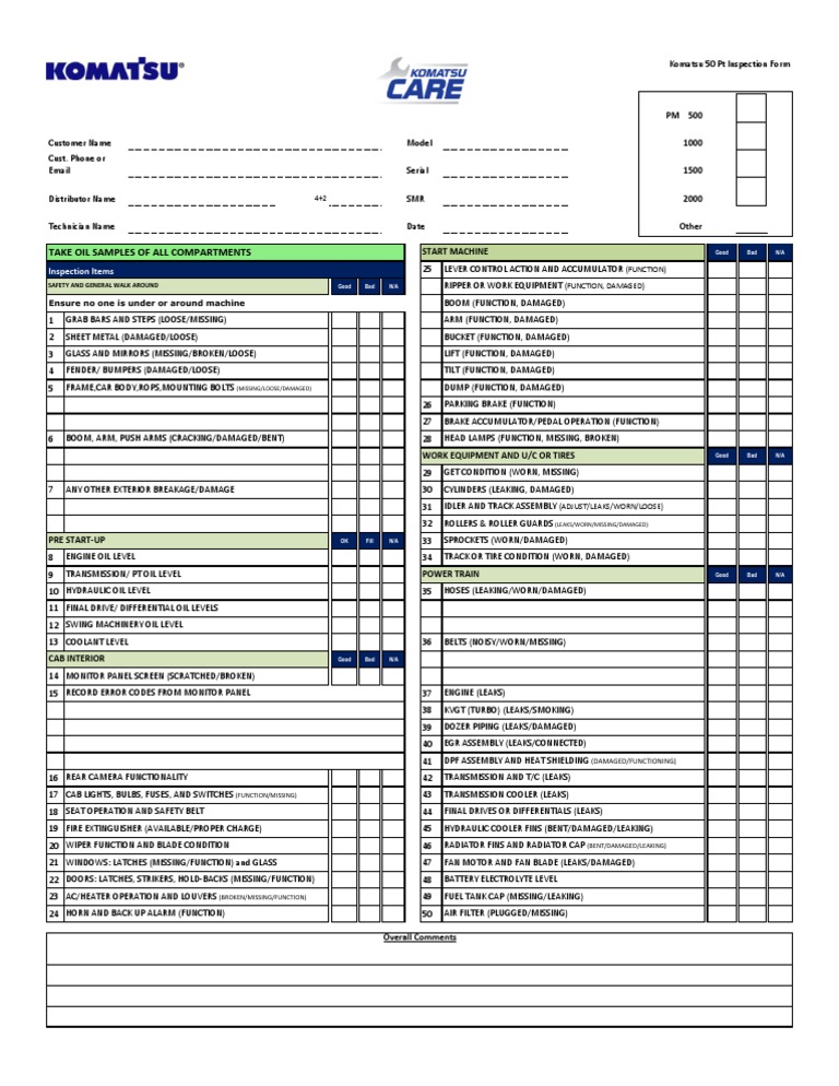 Excavator 50-Point Inspection Checklist | PDF