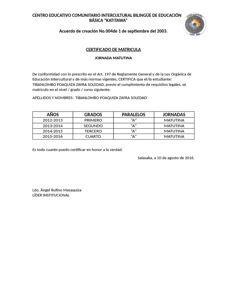 Certificado Matrícula Katitawa 2012-2016 | PDF