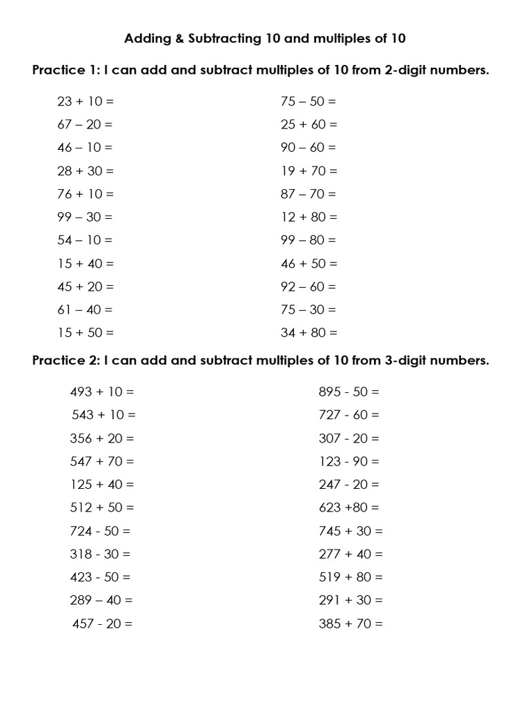 U5 - Add - Sub - Multiples of 10 | PDF