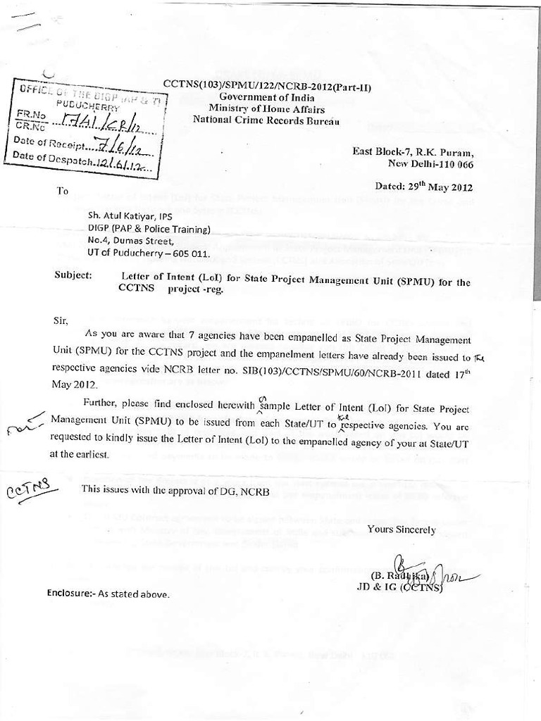 Mha - NCRB - Draft Loi For Spmu 29.5.2012 | PDF