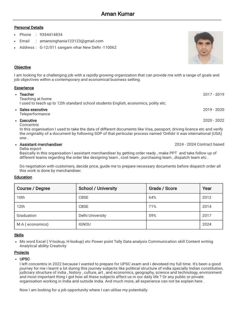 Aman Resume 2024 | PDF | Economics