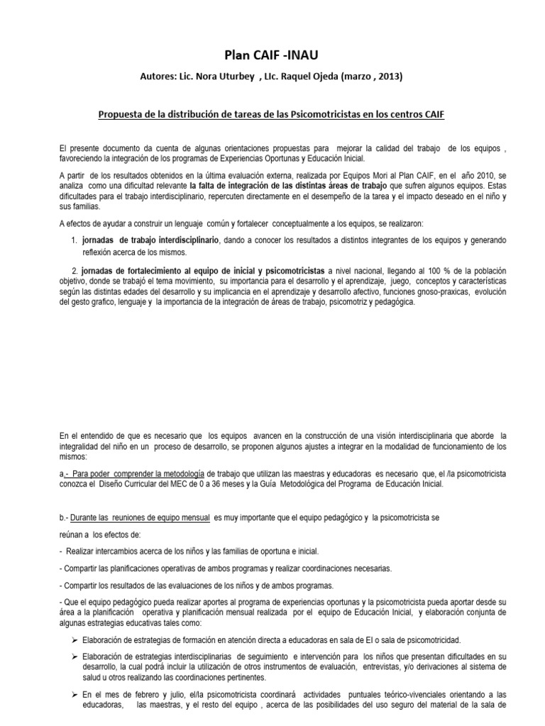 Propuesta Psicomotricistas Tareas Caif | PDF | Educación de la primera infancia | Aprendizaje