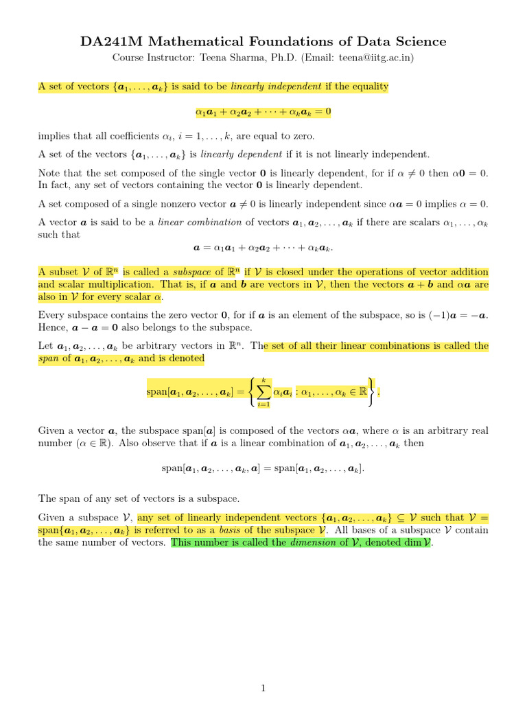 DA241M Review of Linear Algebra Part 1 | PDF | Eigenvalues And ...