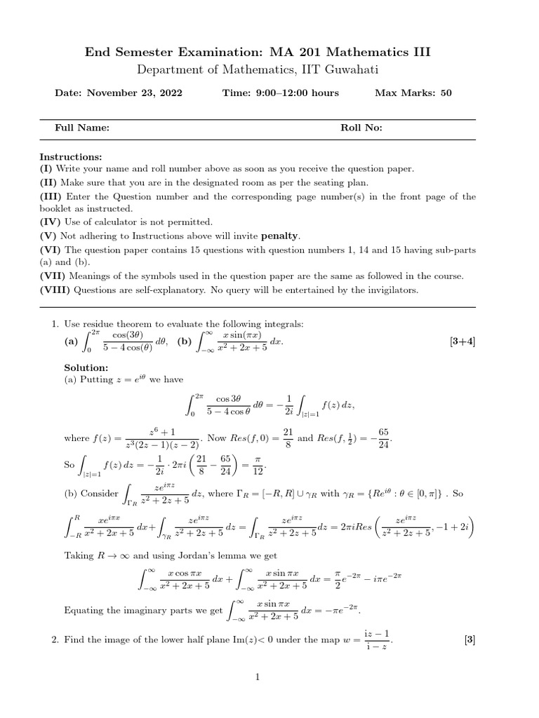 MA201 ES - Nov23 2022 Solution | PDF | Partial Differential Equation | Laplace Transform