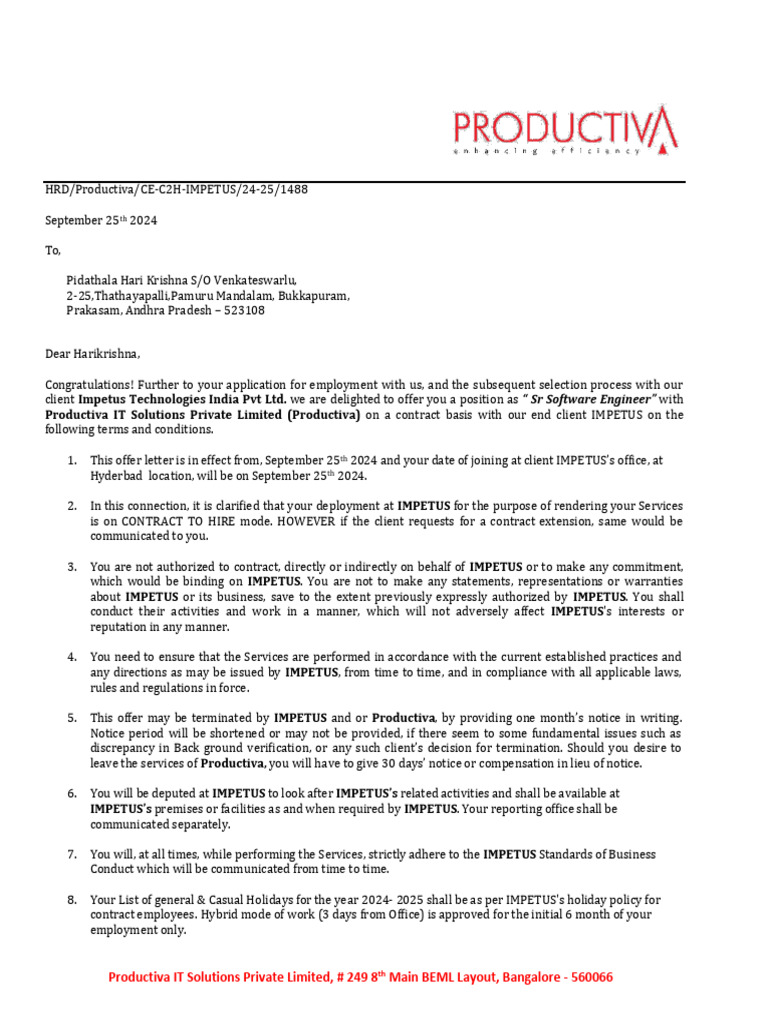 Harikrishna P-Offer Letter 1488 | PDF | Employment | Confidentiality