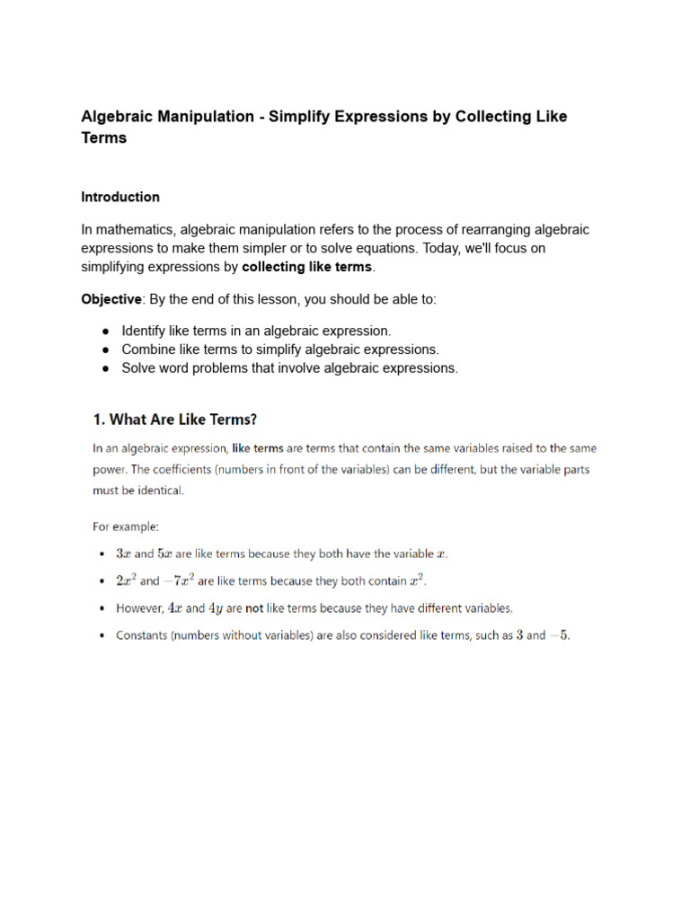 Algebraic Manipulation - Simplify Expressions by Collecting Like Terms ...