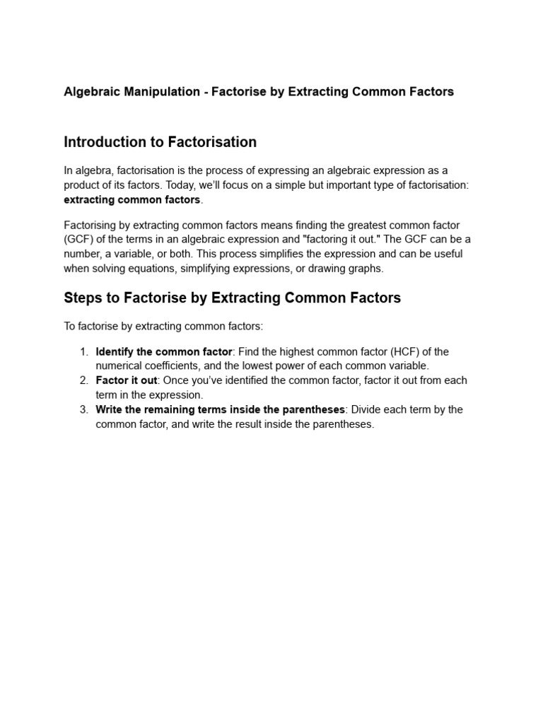 Algebraic Manipulation - Factorise by Extracting Common Factors | PDF ...