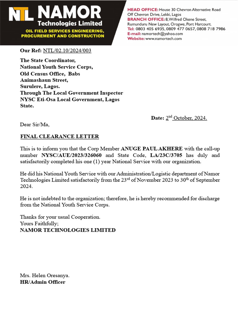 Final Clearance - October - 2024 - Anuge Paul Akhere | PDF