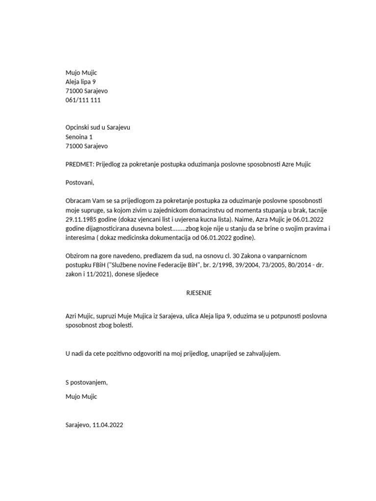 Prijedlog Za Pokretanje Postupka Oduzimanja Poslovne Sposobnosti Azre ...