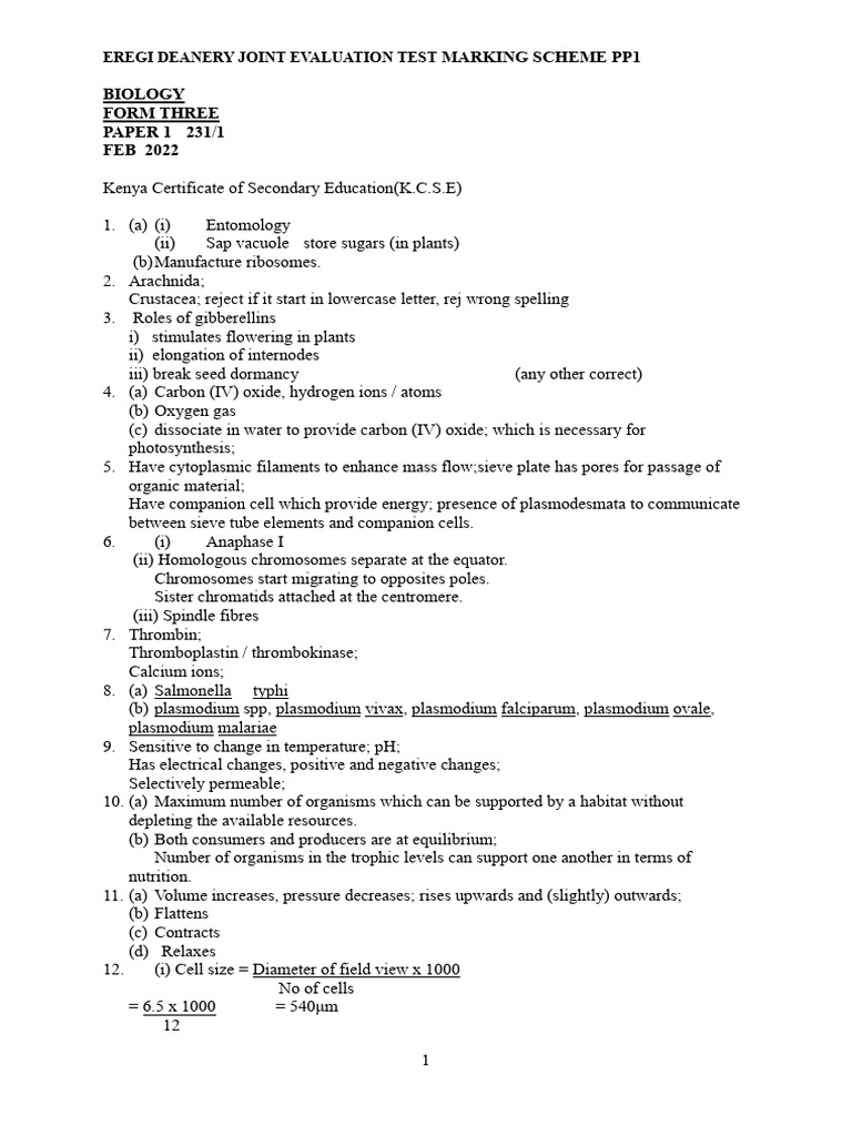 Eregi Deanery Bio PP1 Marking Scheme | PDF | Osmosis | Sperm