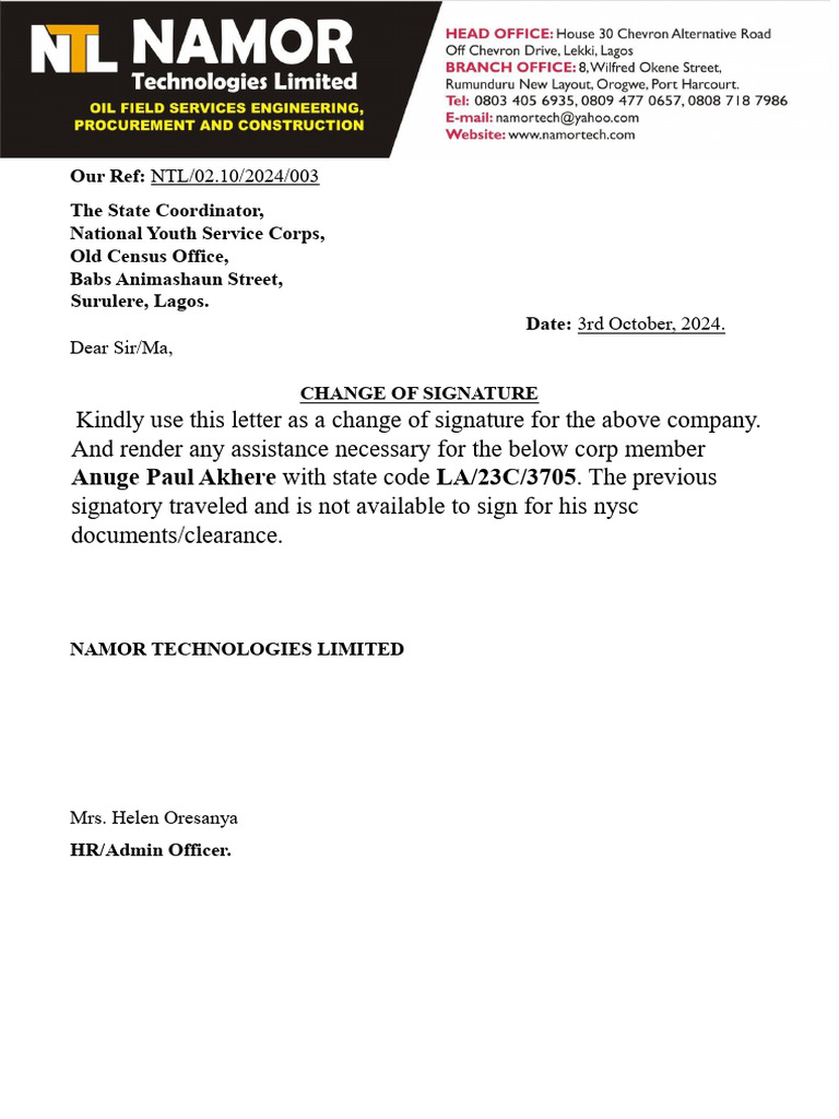 NYSC Signature Change Request | PDF