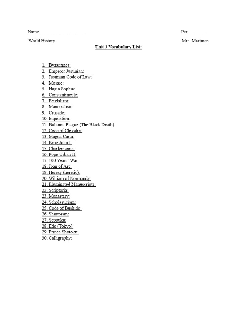 Unit 3 Vocabulary List | PDF