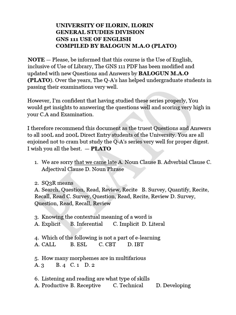 GNS 111 New by Plato X | PDF | Word | English Language