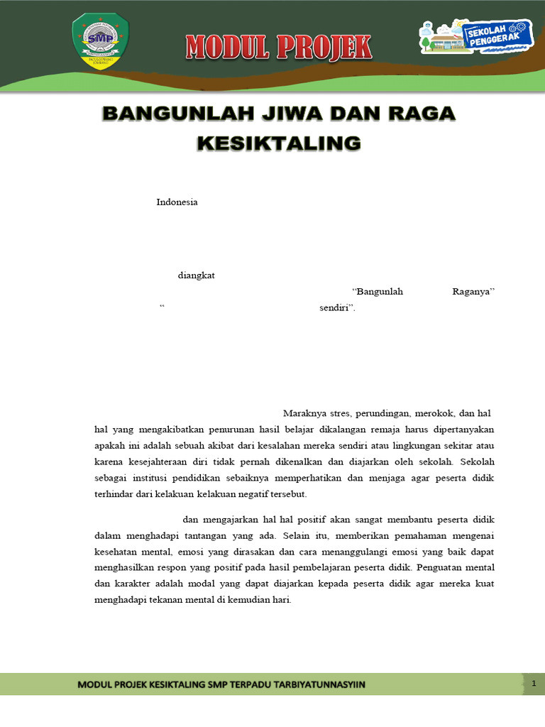 Modul p5 Bangunlah Jiwa Dan Raga, Kesiktaling SMP Terpadu Tarbiyatunnsyiin | PDF