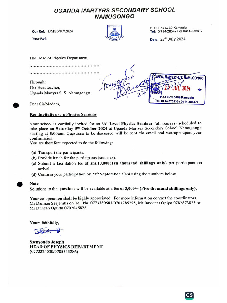 Namugongo Physics Seminar Invitation | PDF