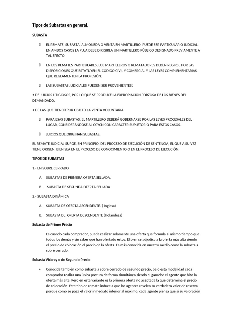 Tipos de Subastas en General | PDF | Subasta