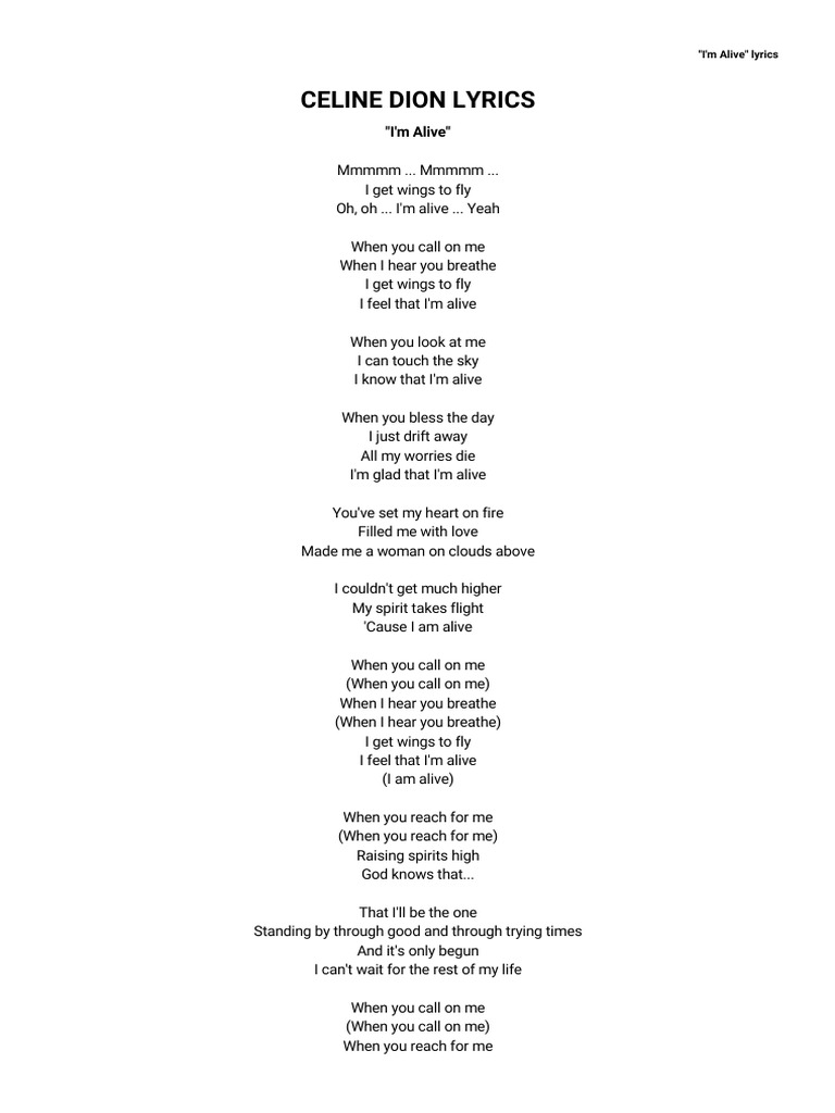 Celine Dion Lyrics - I'm Alive | PDF