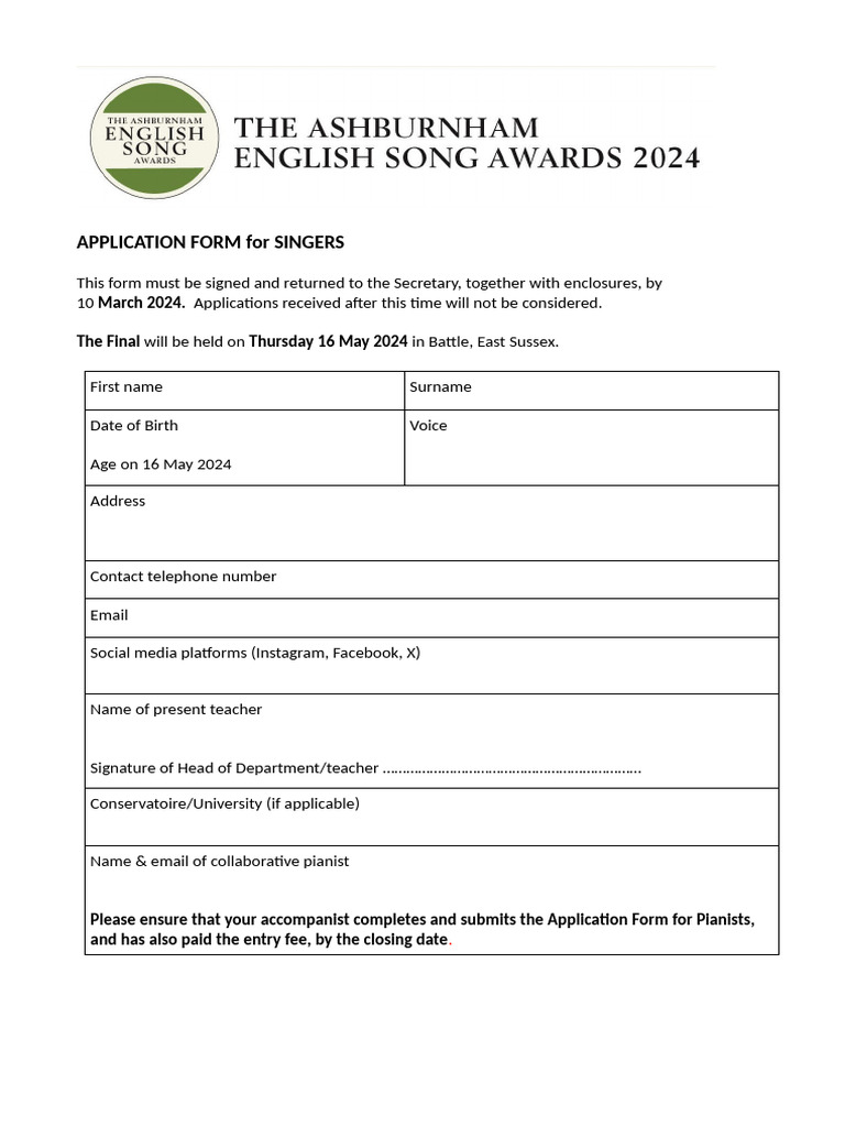 Singers Form Aesa 2024 | PDF | Sports & Recreation