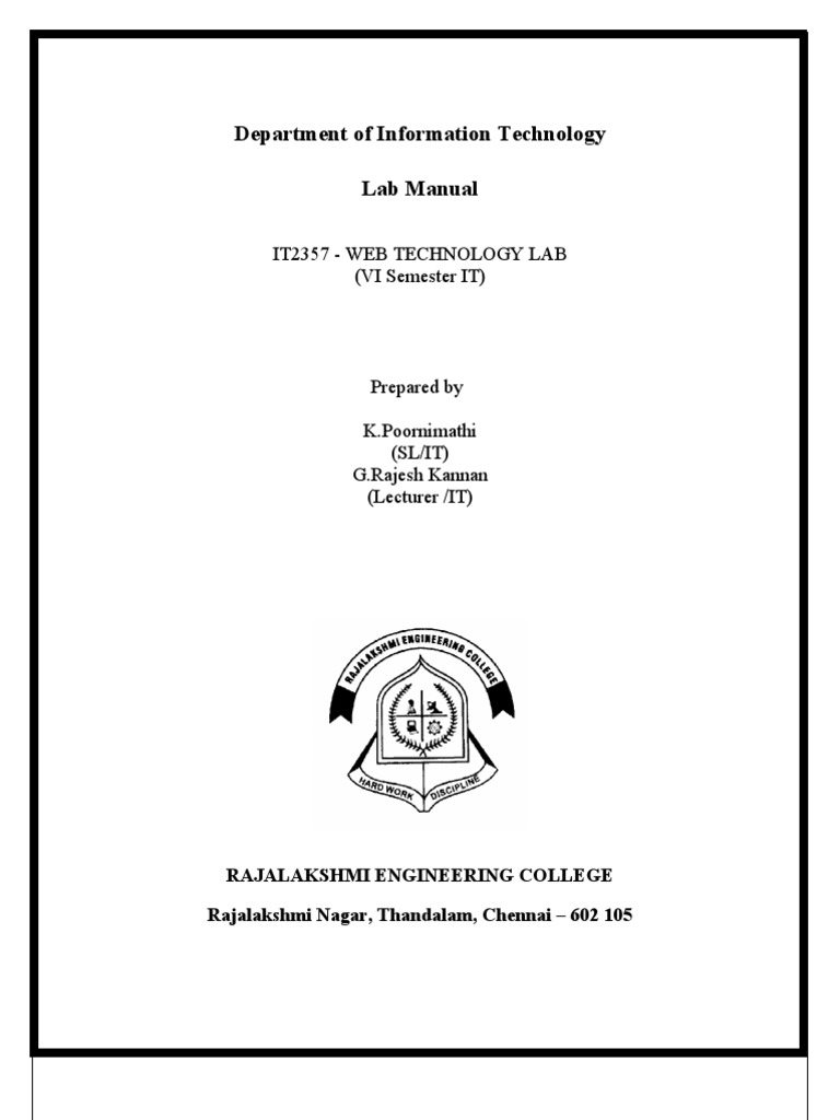 Web Technology Lab Manual for Rajalakshmi Engineering College | PDF | Html Element | Java Servlet