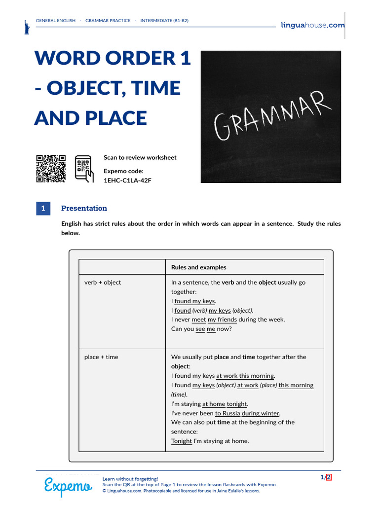 Word Order 1 Object Time and Place American English Teacher B1 B2 | PDF ...
