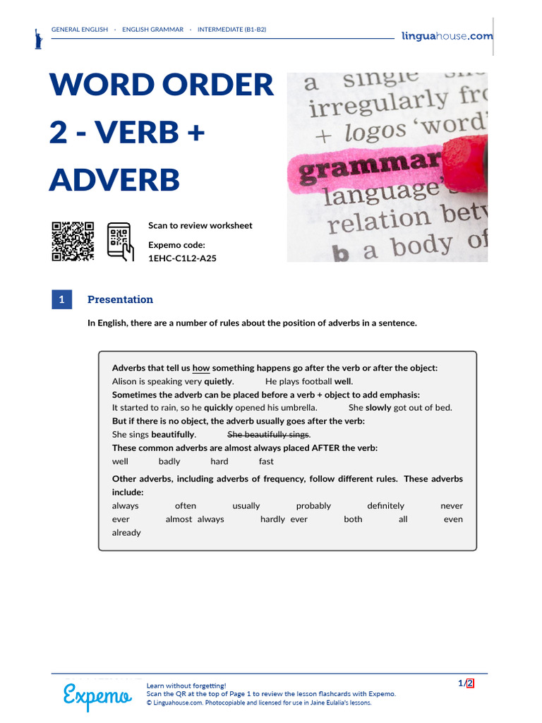 Word Order 2 Verb Adverb American English Teacher B1 B2 | PDF | Adverb | Verb