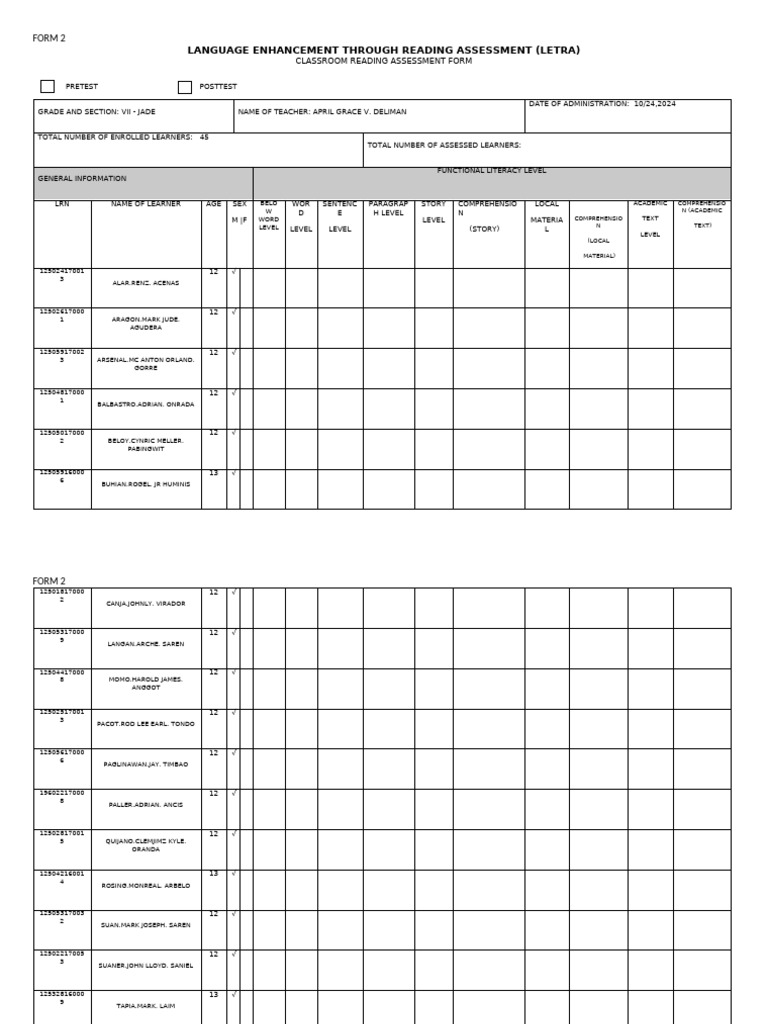 Letra Form 2 Classroom Reading Assessment Form | PDF | Behavior ...