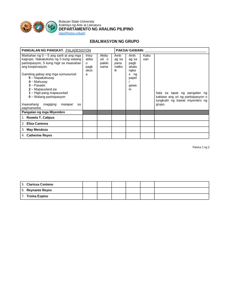 PID 101 - Peer Evaluation Form | PDF