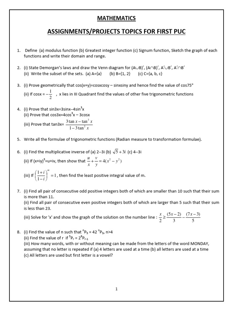 I PUC Mathematics-Assignment - 2023 | PDF | Function (Mathematics) | Line (Geometry)
