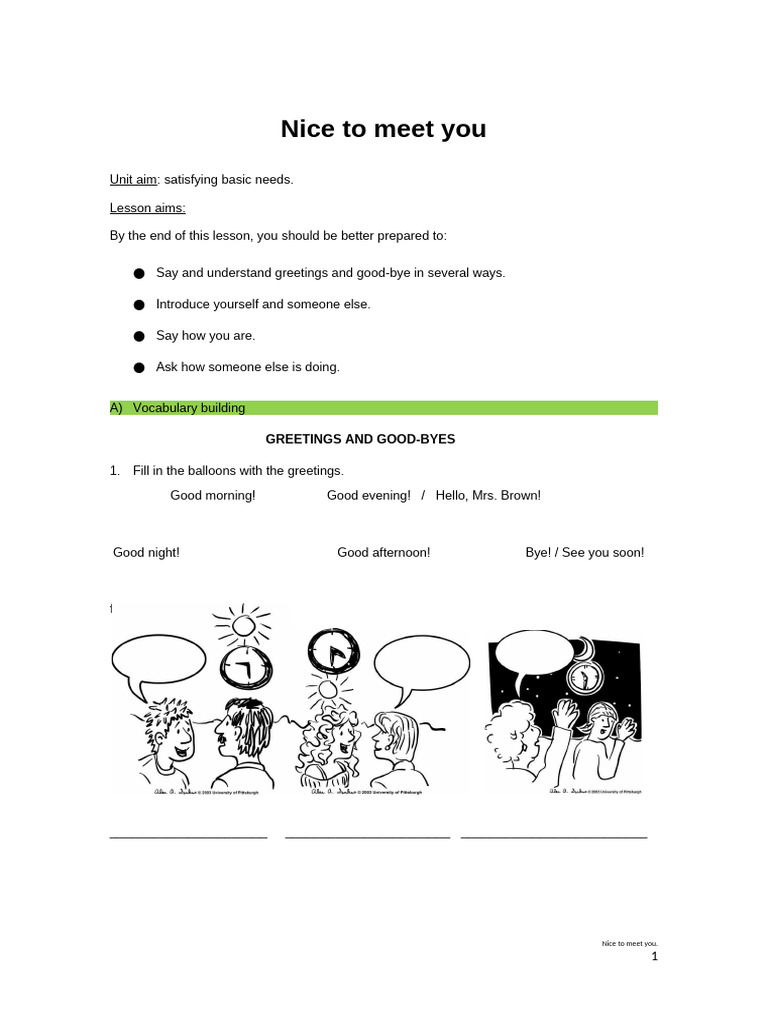 Nice To Meet You - Class Worksheet | PDF