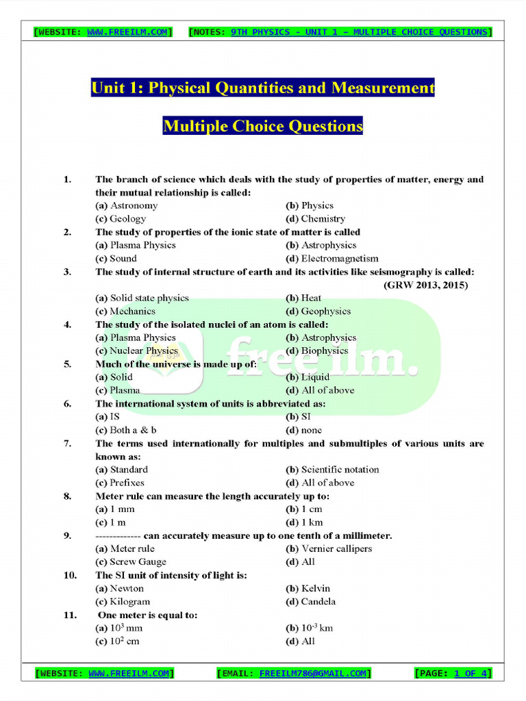 9th Phy MCQs | PDF