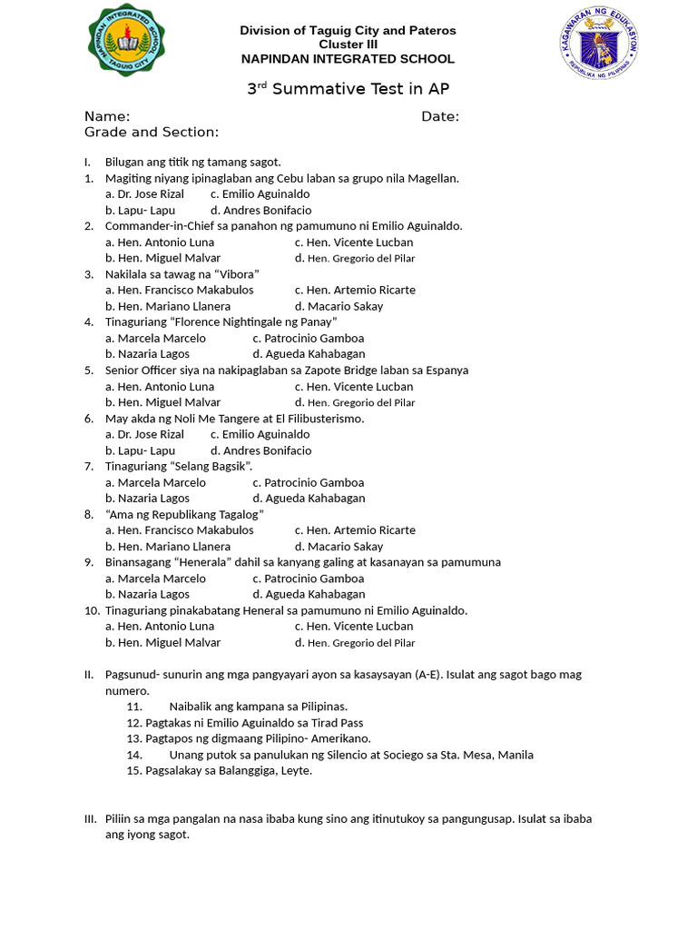 3rd Summative Test Ap Pdf