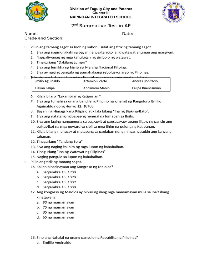 2nd Summative Test AP | PDF