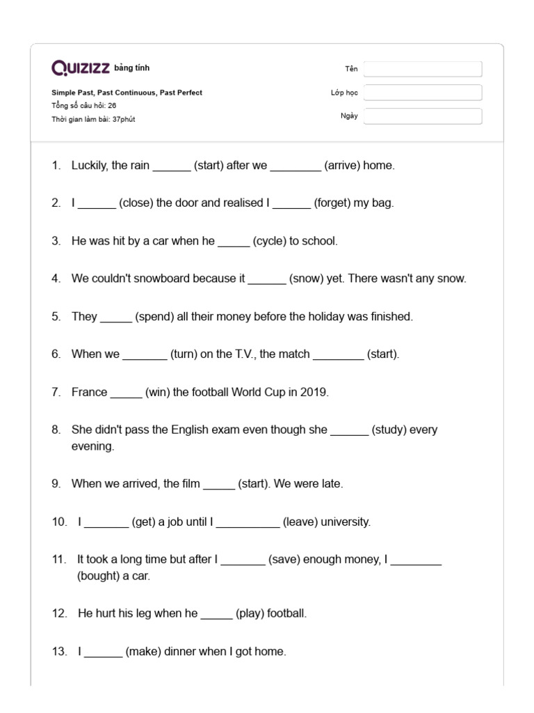 Simple Past Past Continuous Past Perfect Quiz Pdf