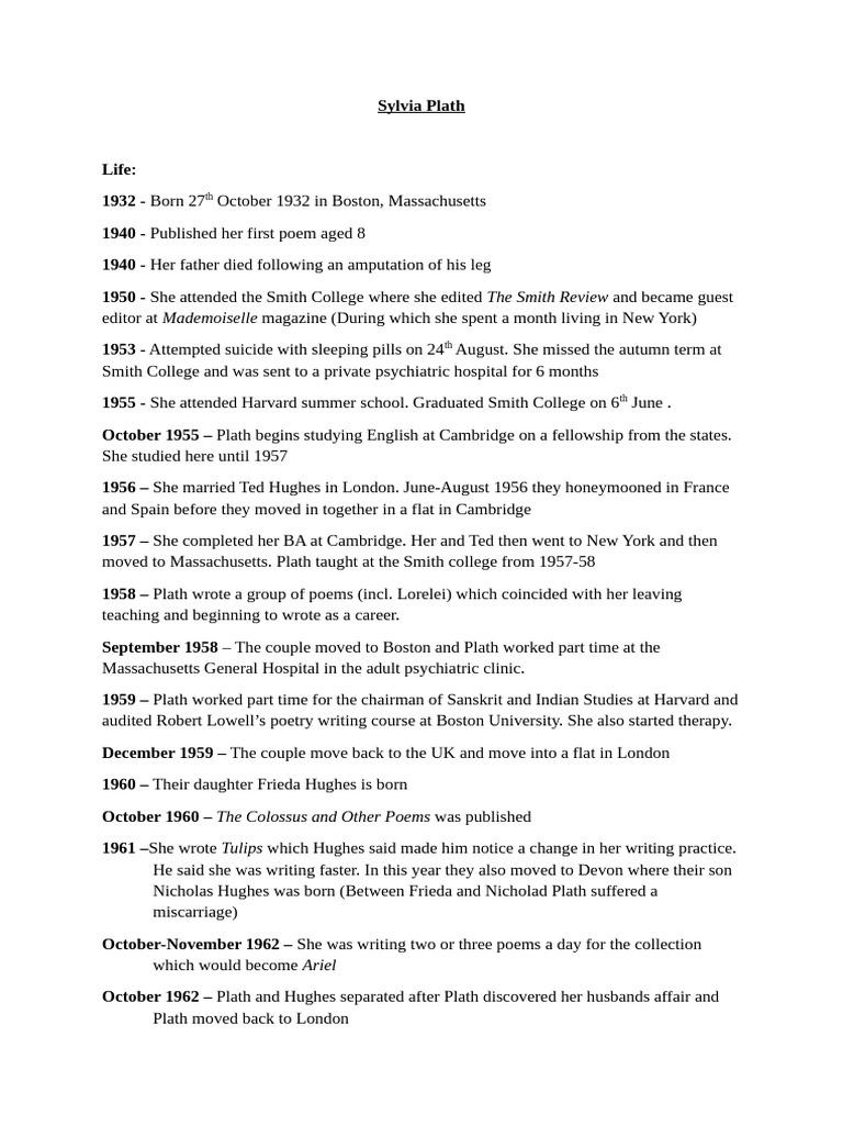 Timeline of Sylvia Plath's Life | PDF | Sylvia Plath | Poetry