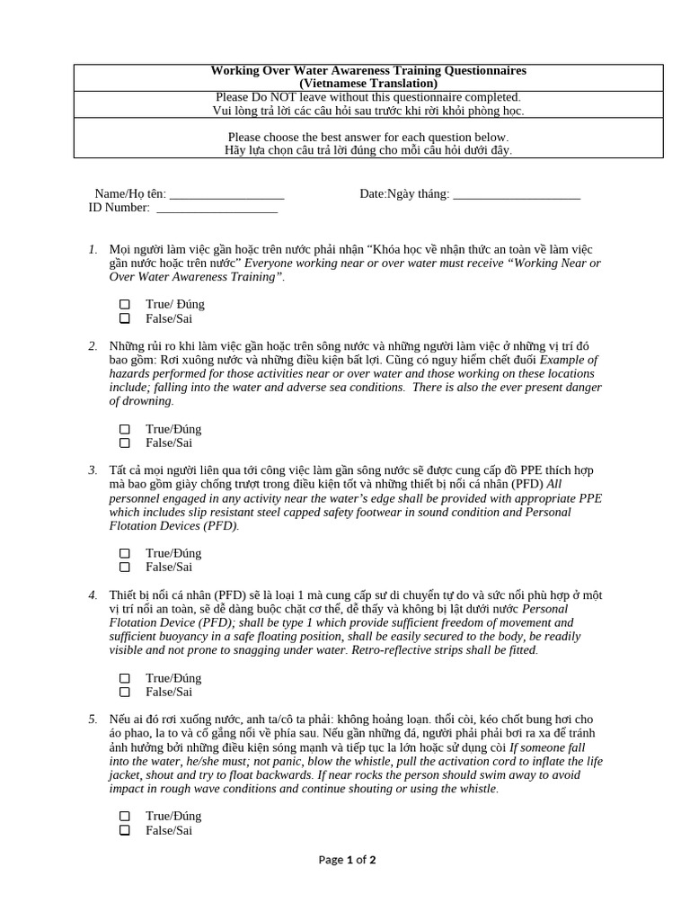 Working Over Water Questionaire | PDF