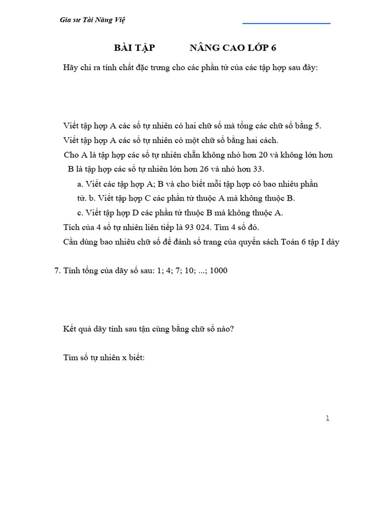 Bai Tap Nang Cao Lop 6 Bai Tap Toan Nang Cao Lop 6 | PDF