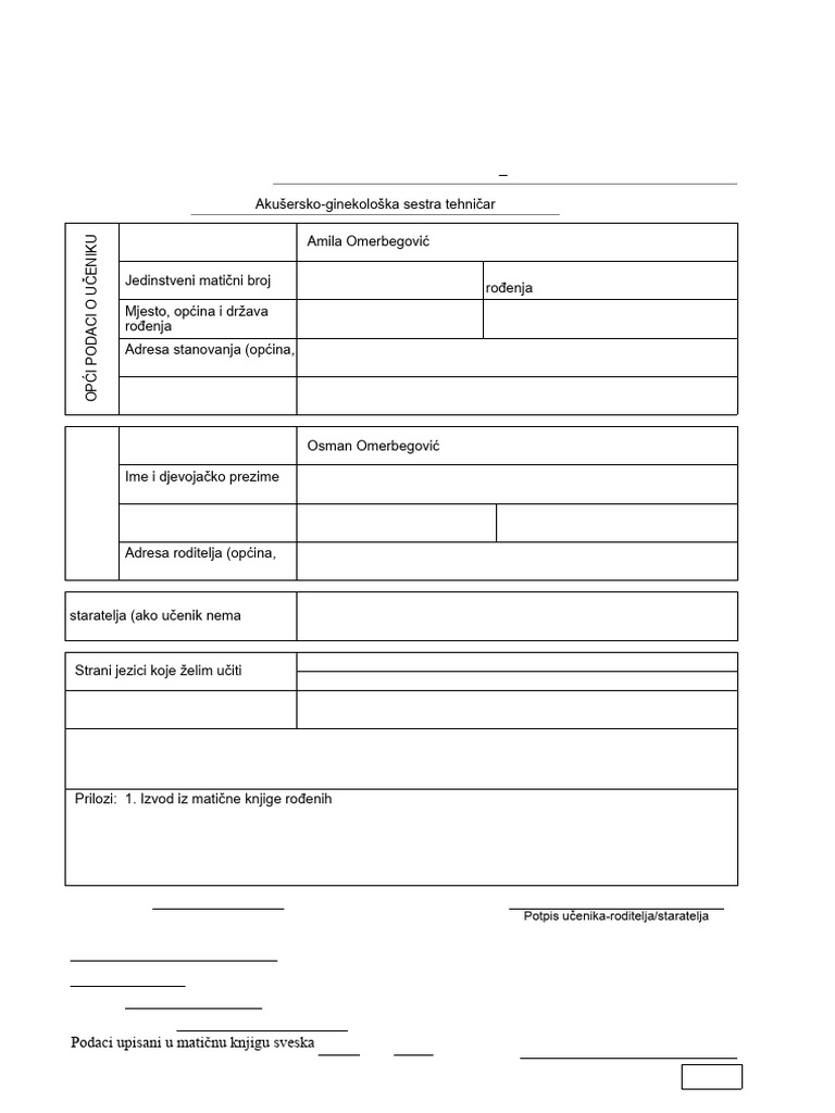 Prijava Za Upis Akusersko Ginekoloska Sestra Tehnicar | PDF