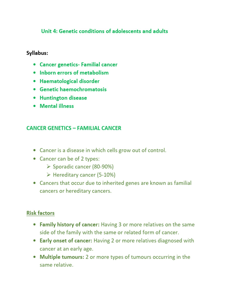 Unit 4 - Genetic Conditions | PDF | Genetic Disorder | Mental Disorder