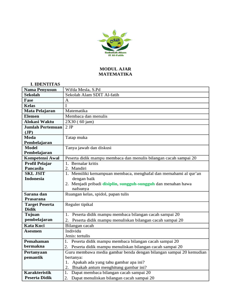 MA MTK Bilangan Cacah Sampai 20 | PDF