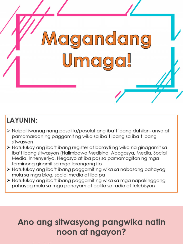 Aralin 2 Mga Sitwasyong Pangwika Aralin 2 Final | PDF