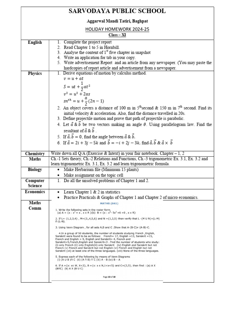 Class XI Holiday Homework 2024-25 | PDF | Acceleration