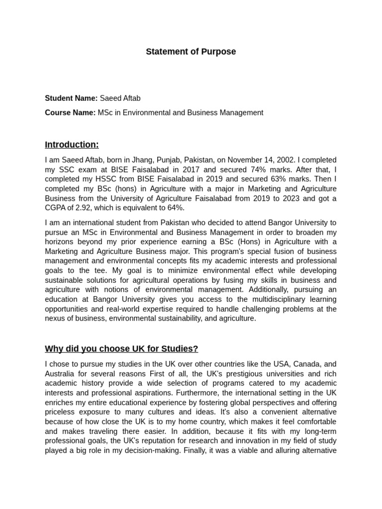 Statement of Purpose | PDF | Sustainability | Sustainable Business
