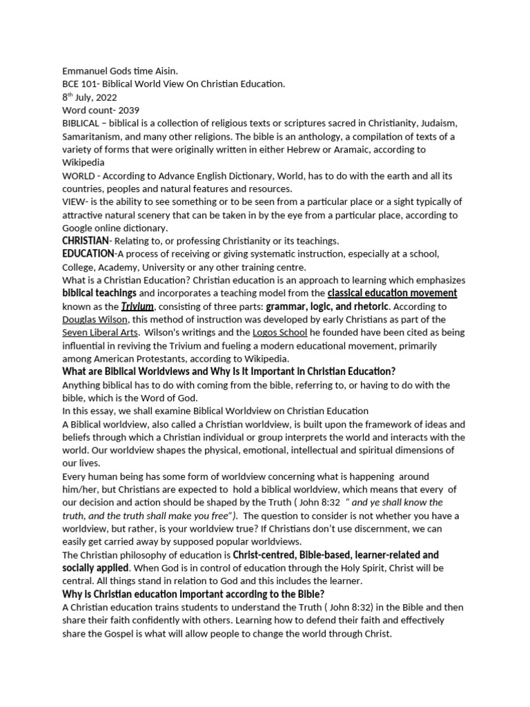 What Is A Biblical Worldview On Christian Education 1 | PDF | Bible | God