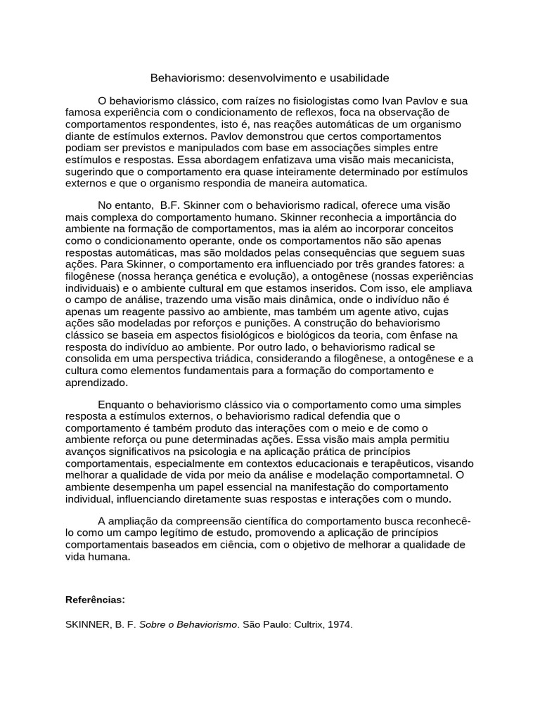 Behaviorismo_ desenvolvimento e usabilidade | PDF | Behaviorismo | Comportamento