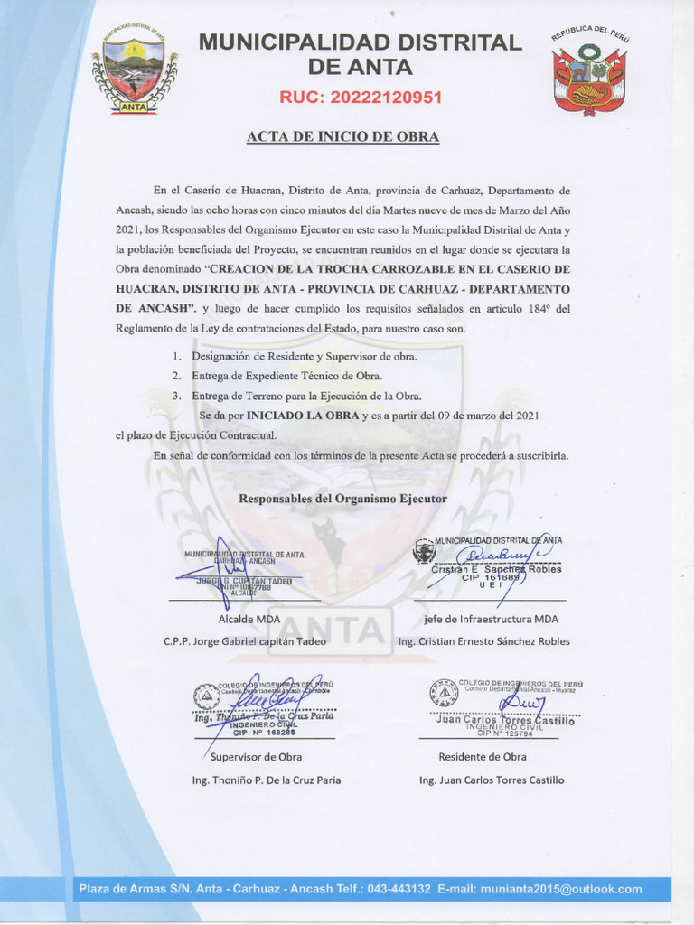 ACTA DE INICIO TROCHA | PDF