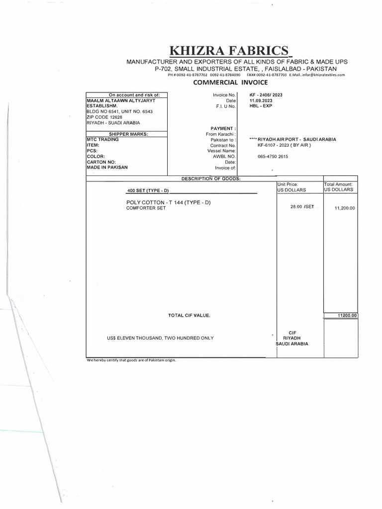 Khizra Fabrics: Commercial Invoice | PDF | Trade | International Business